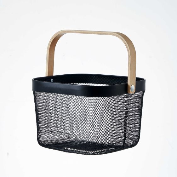 Mesh Wire Metal Storage Basket with Wooden Handle Black